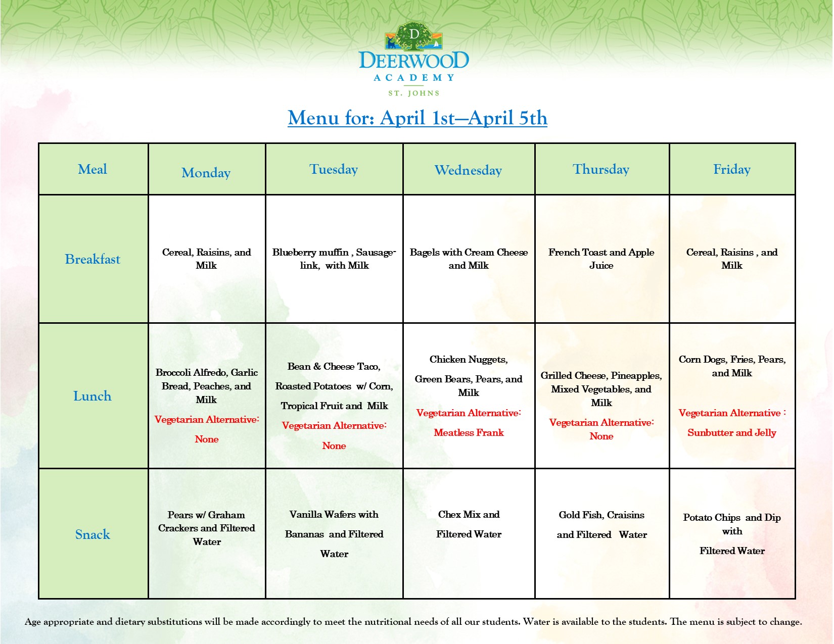 Calendar & Lunch Menu – Deerwood Academy