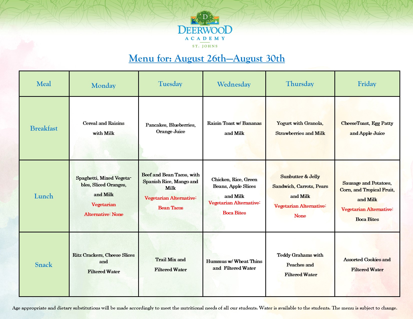 Calendar & Lunch Menu – Deerwood Academy